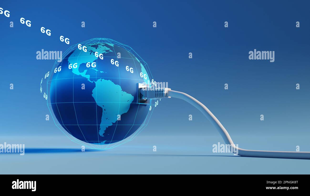 Background with internet cable connected to the earth and 6G letters ...