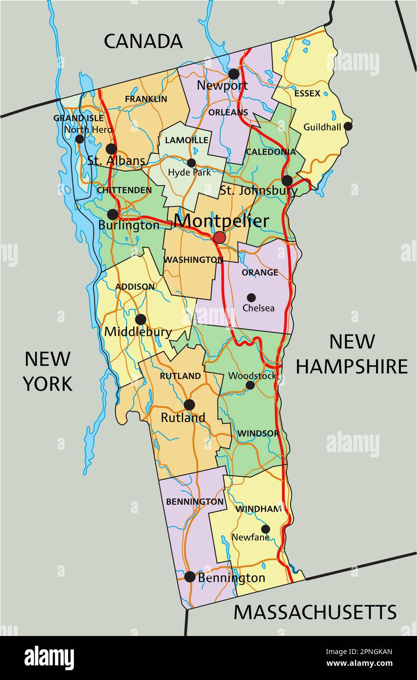 Vermont - Highly detailed editable political map with labeling Stock ...