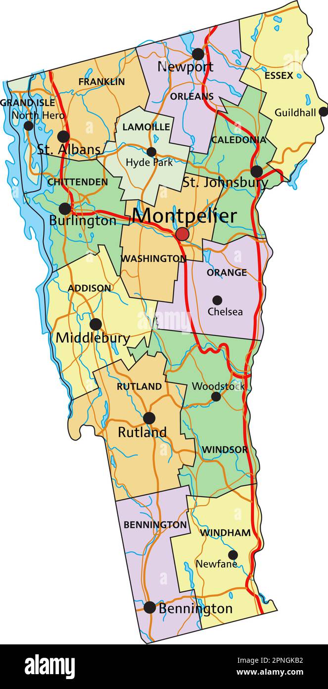 Vermont - Highly detailed editable political map with labeling Stock ...
