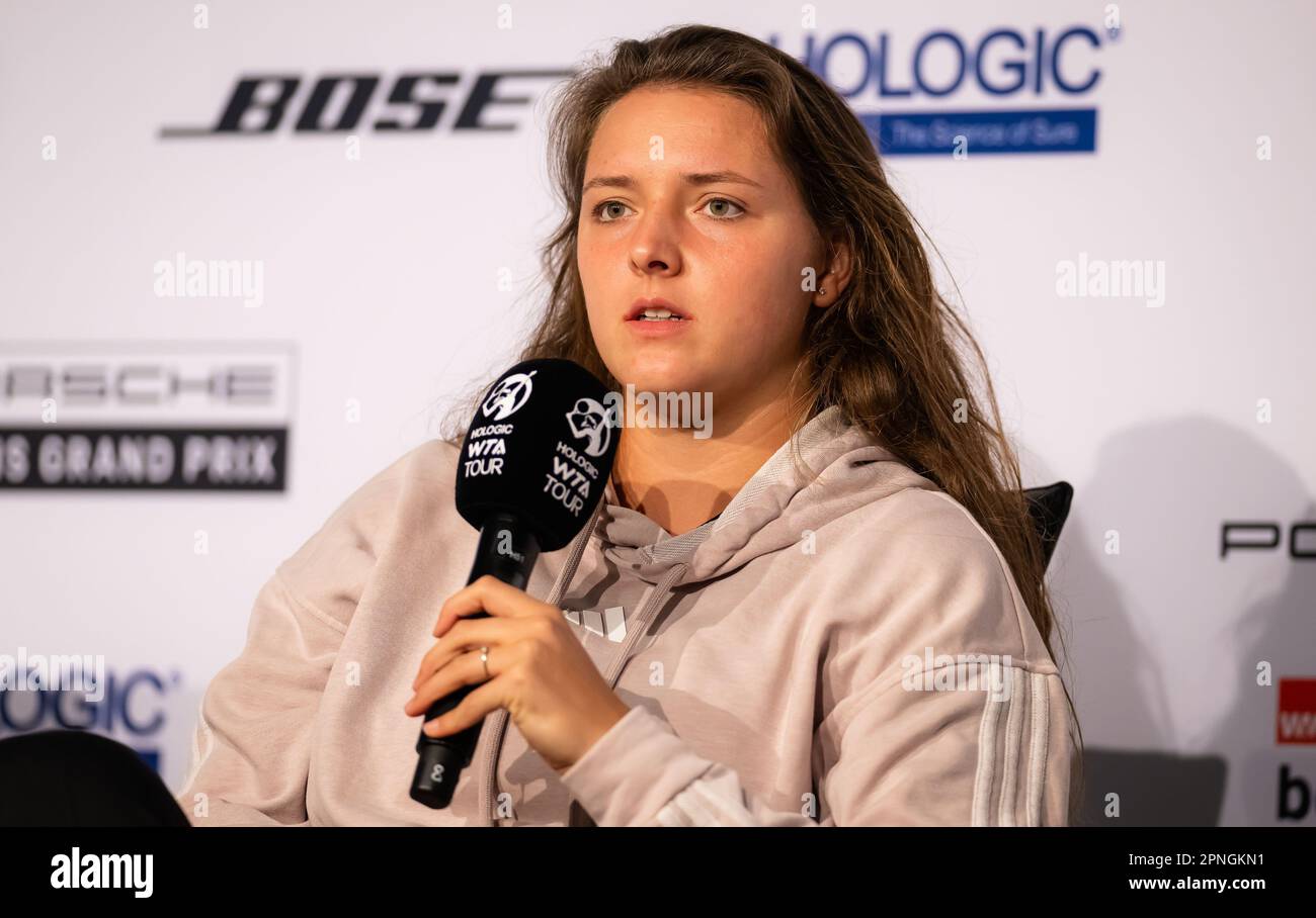 Jule Niemeier of Germany talks to the media at the 2023 Porsche Tennis ...