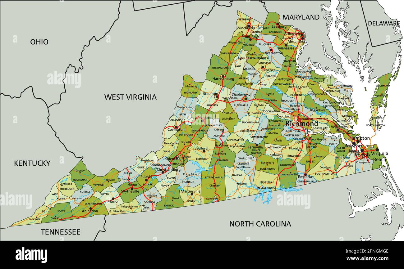 Highly detailed editable political map with separated layers. Virginia ...