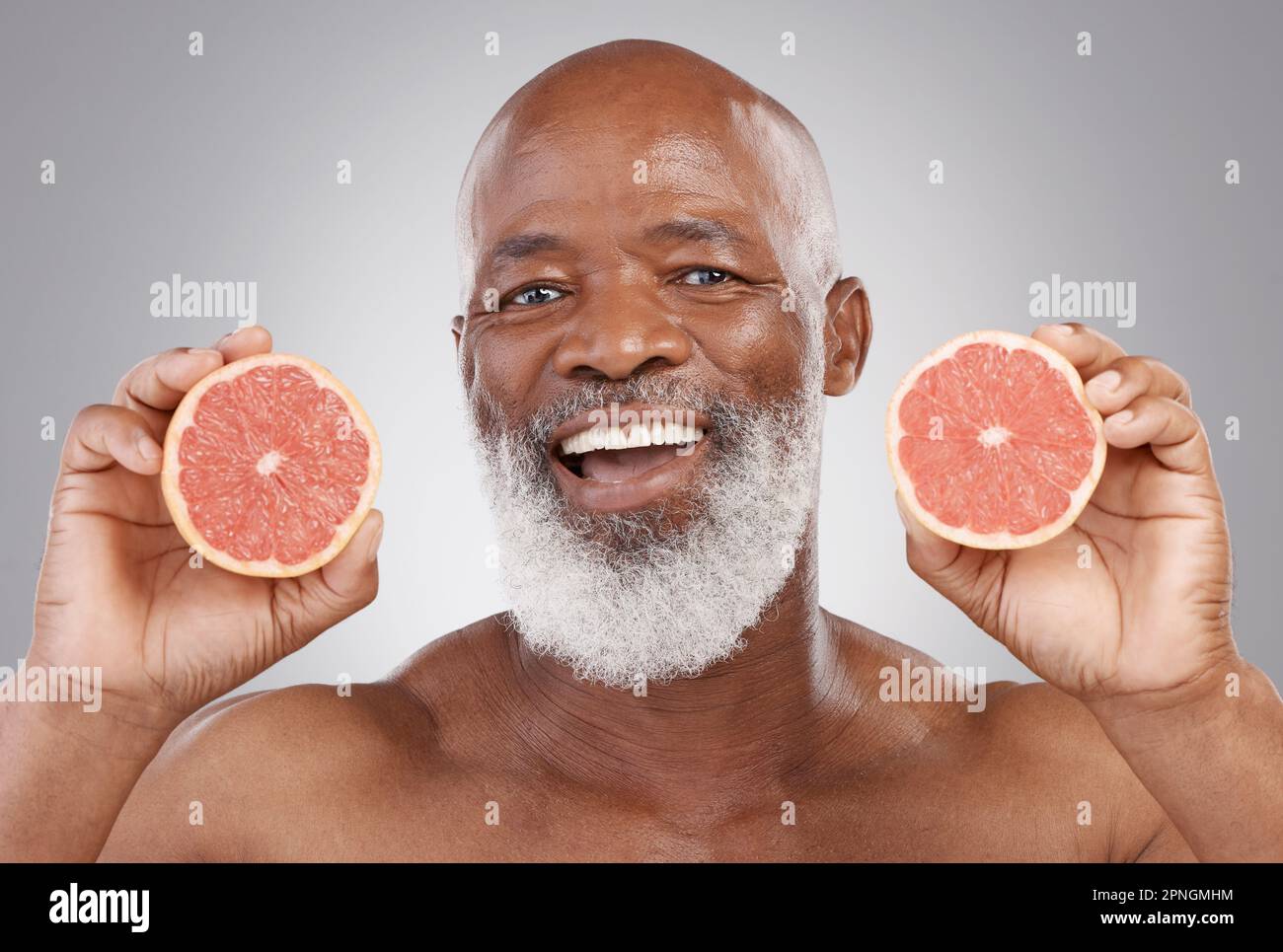 Senior black man, grapefruit and smile for vitamin c, healthy skincare or natural nutrition ...