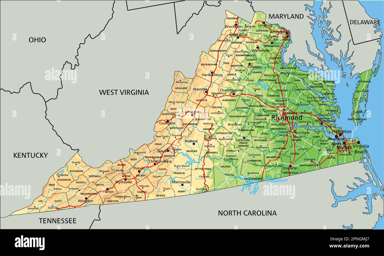 High detailed Virginia physical map with labeling Stock Vector Image ... High detailed Virginia physical map with labeling Stock Vector Image ...