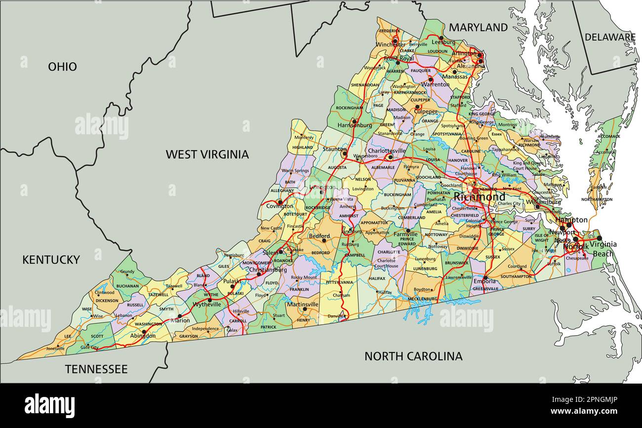 Virginia - Highly detailed editable political map with labeling Stock ...