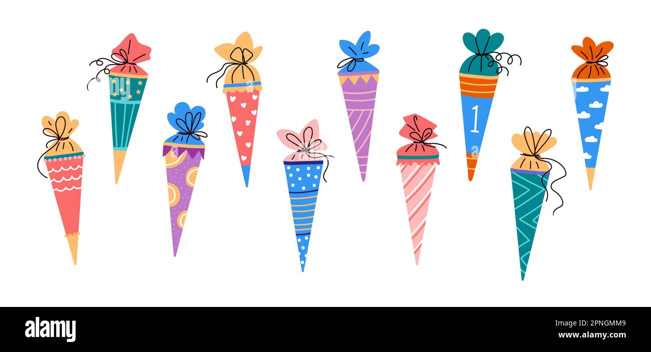 Set of candy,school cones for first grader in germany.Flat vector ...