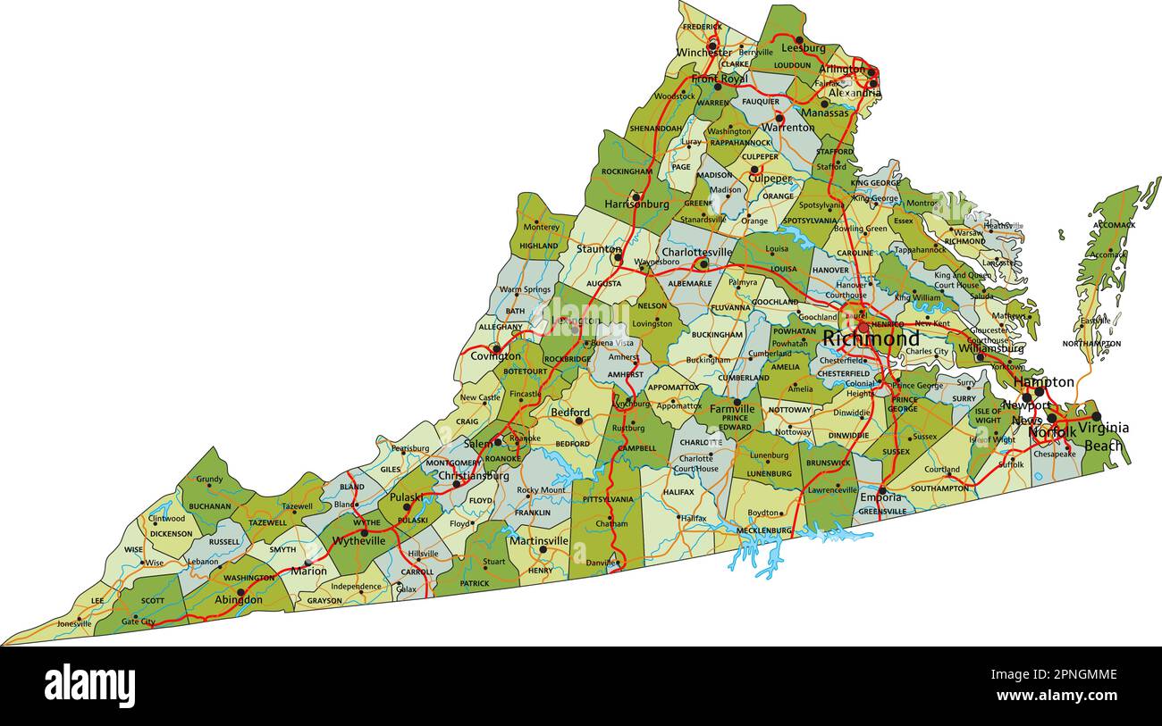 Highly detailed editable political map with separated layers. Virginia ...
