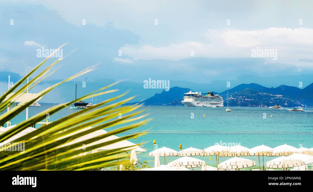 Amazing view on bay in Cannes resort (Mediterranean Sea) with large ...