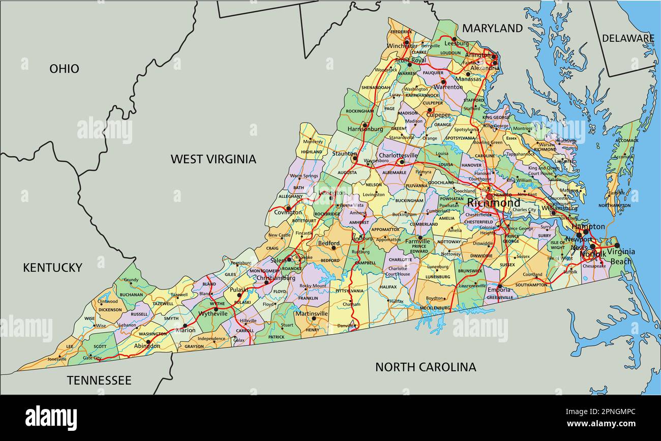Virginia - Highly detailed editable political map with labeling Stock ...