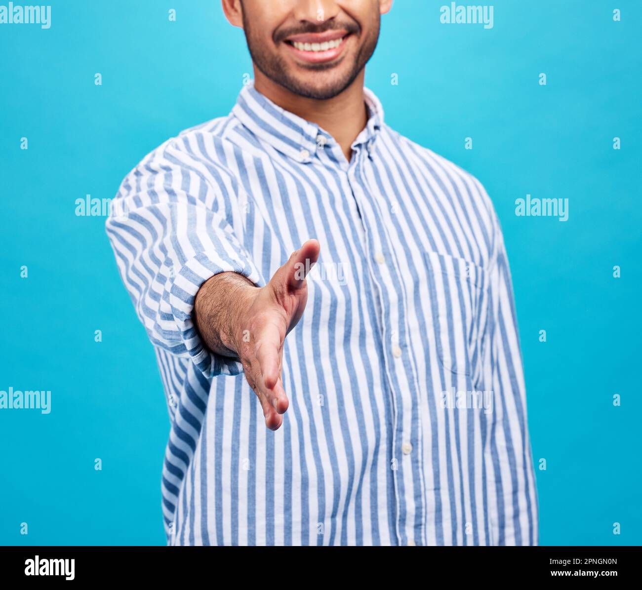 Handshake, interview and hand of businessman on blue background for ...