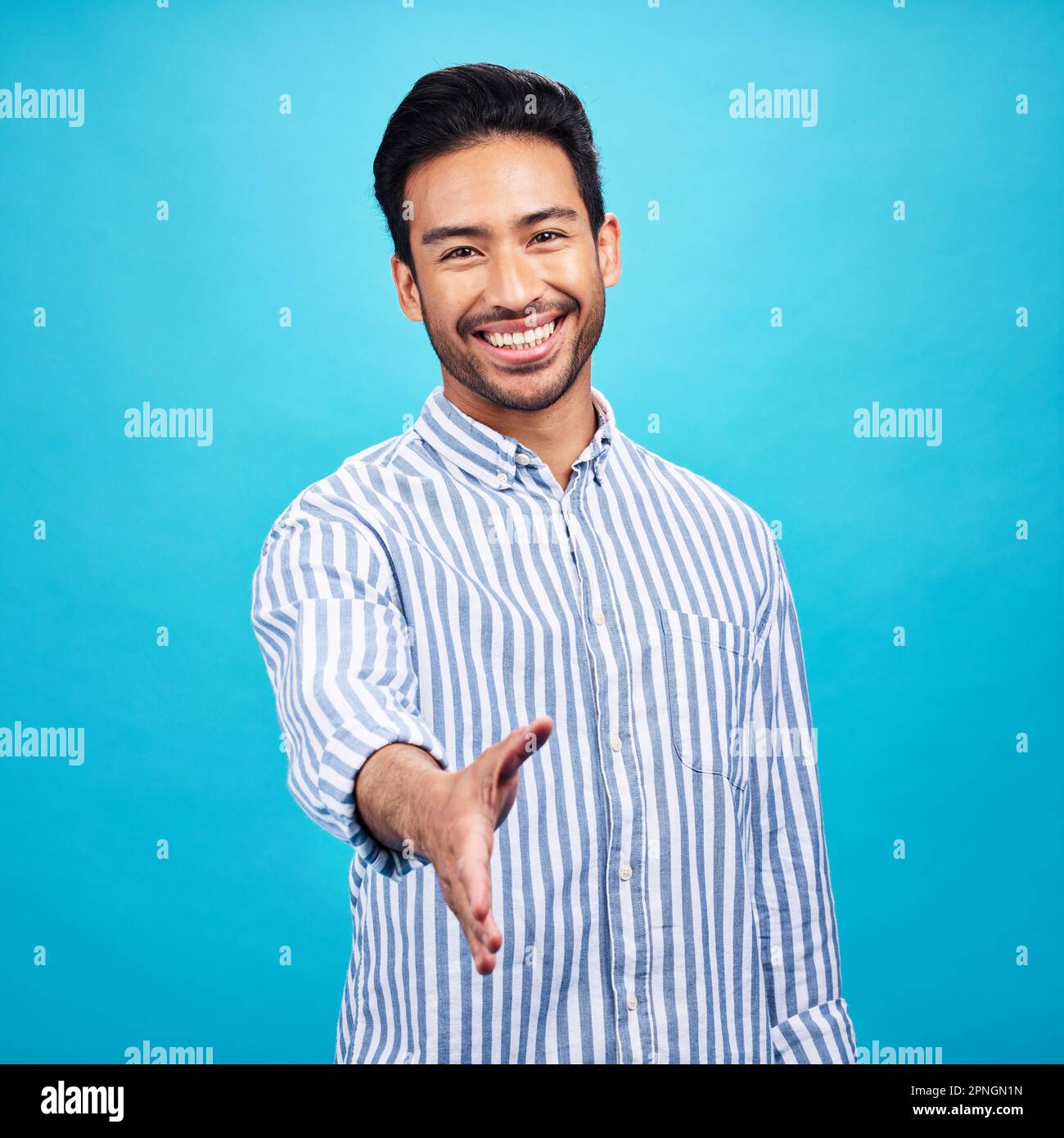 Handshake, interview and portrait of business man on blue background ...