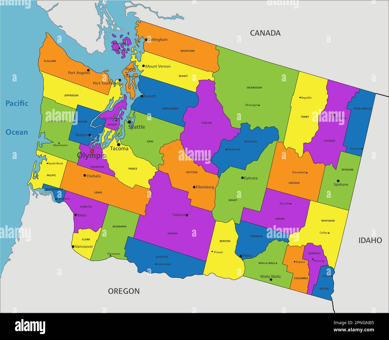 Colorful Washington political map with clearly labeled, separated ...