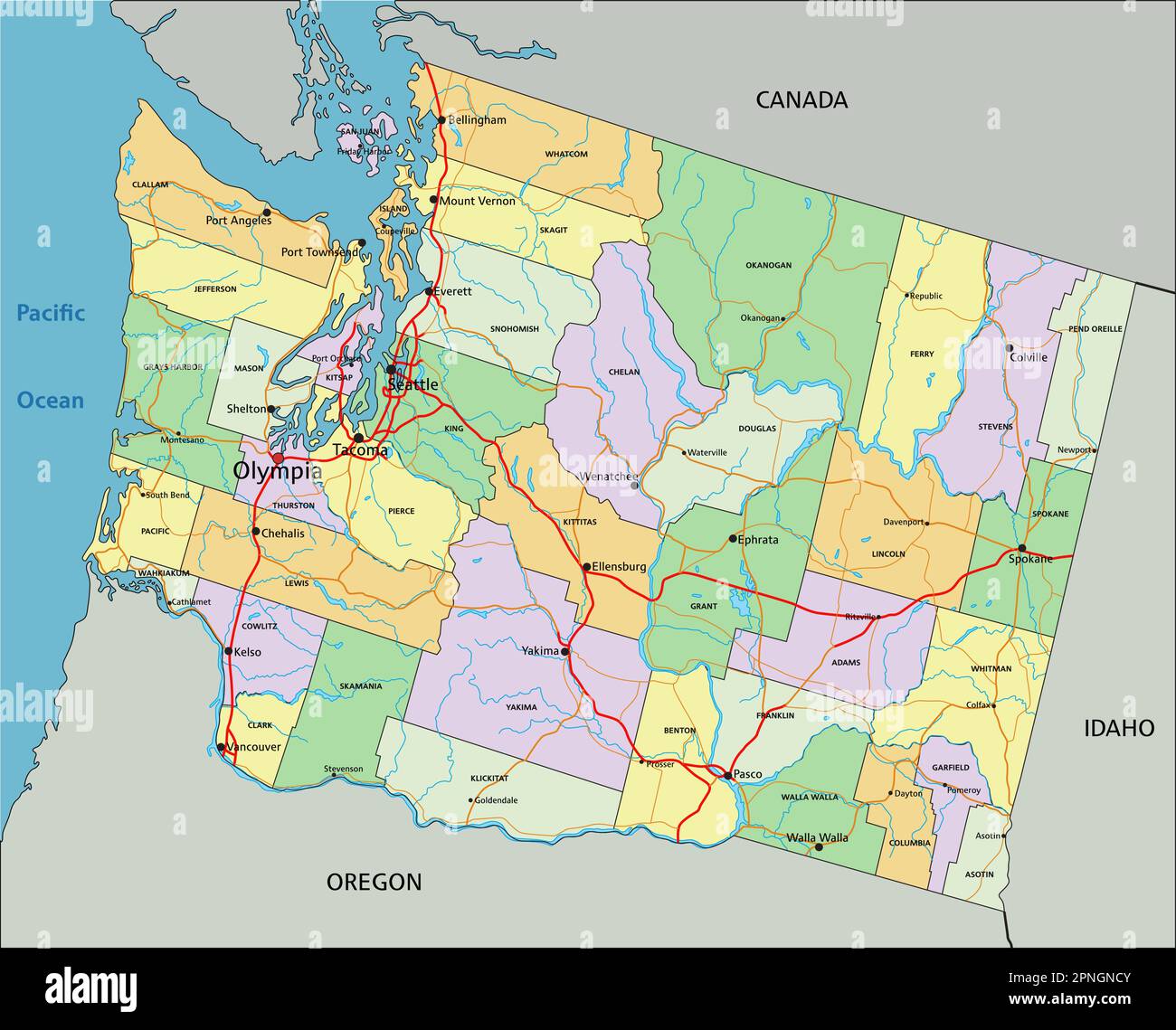 Washington - Highly detailed editable political map with labeling Stock ...