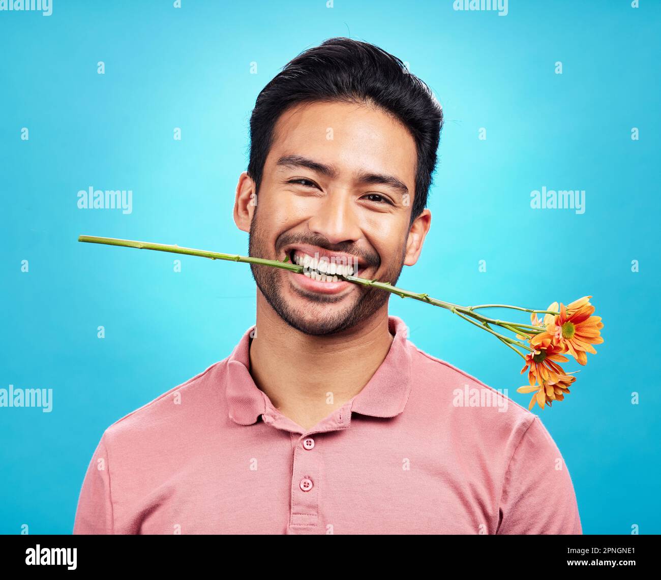 Teeth, flower and portrait of man in studio for celebration, gift and ...