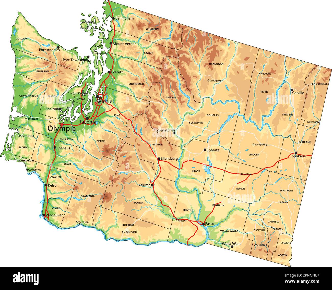 Highly detailed Washington physical map with labeling Stock Vector ... Highly detailed Washington physical map with labeling Stock Vector ...