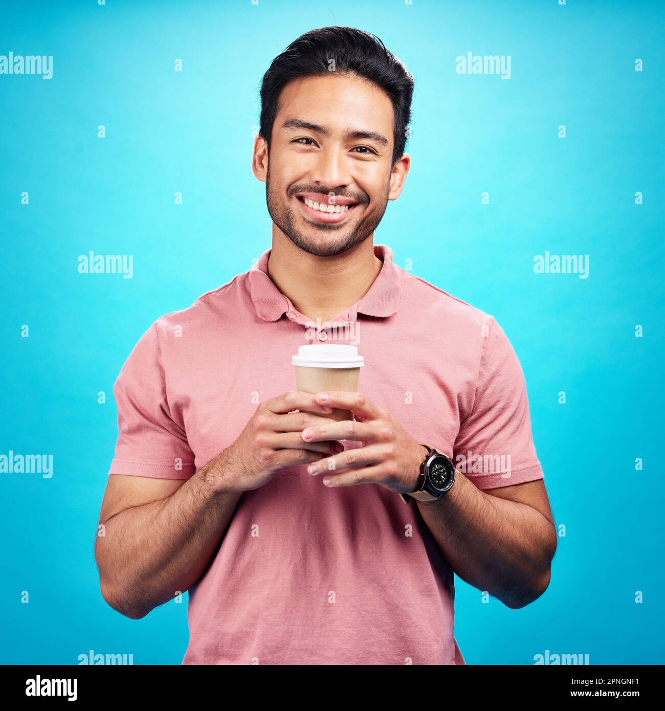 Portrait, smile and Asian man with coffee, start motivation and ...