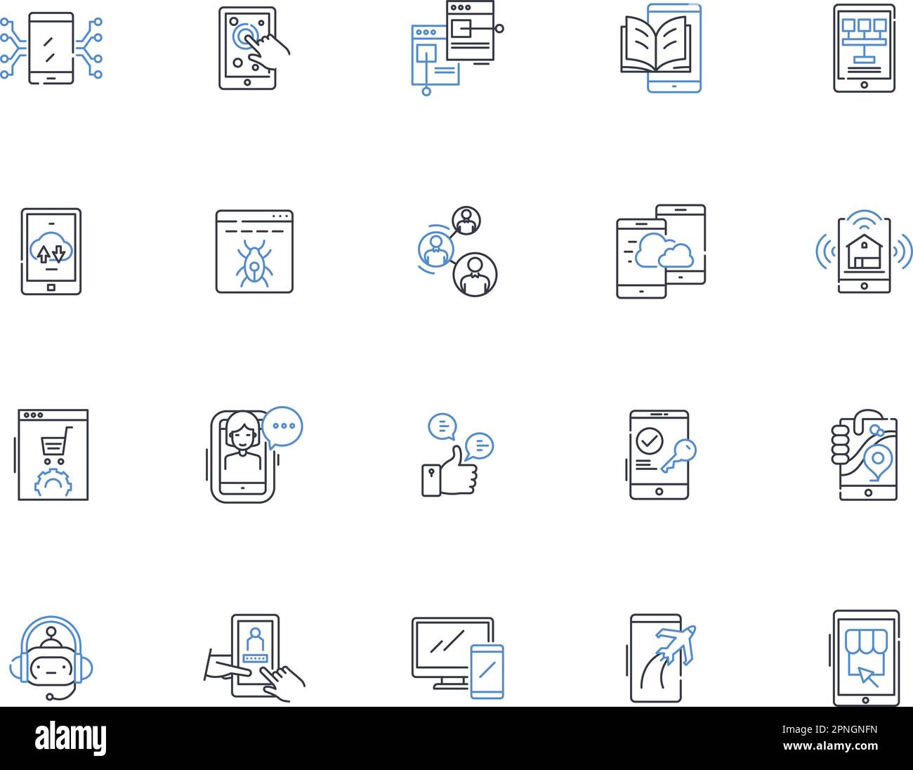 Tech gadget line icons collection. Smartph, Tablet, Laptop, Desktop, Camera, Dr, Smartwatch ...