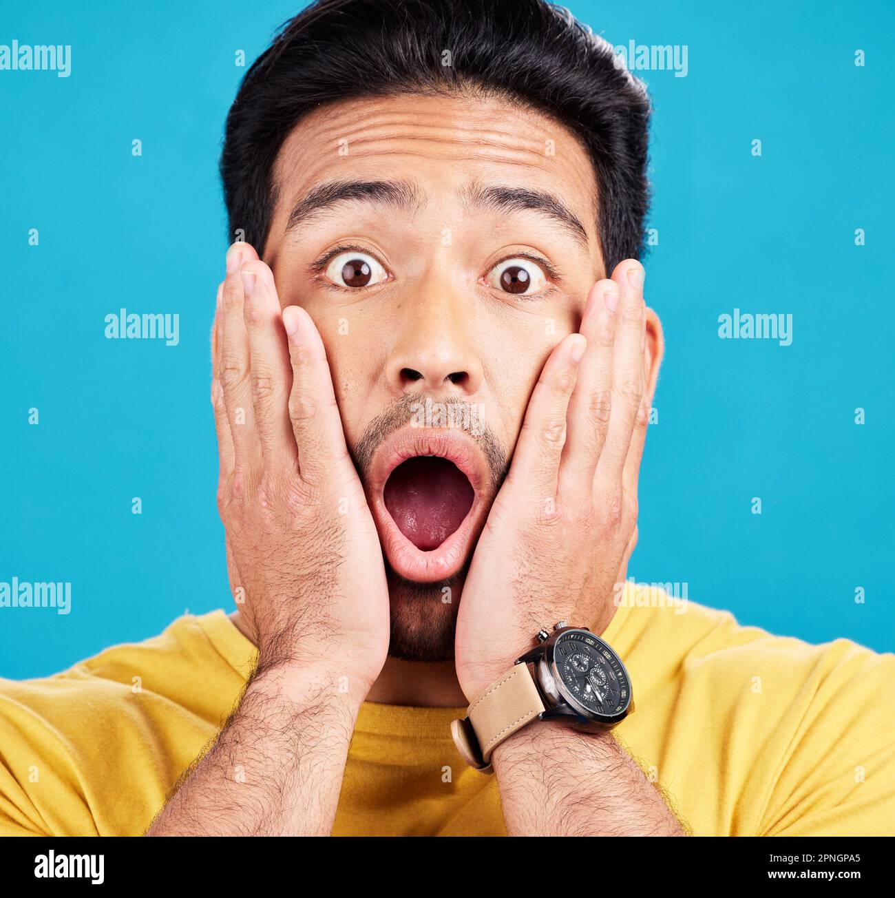 Surprised, wow and portrait of shocked man face or emoji reaction to an ...