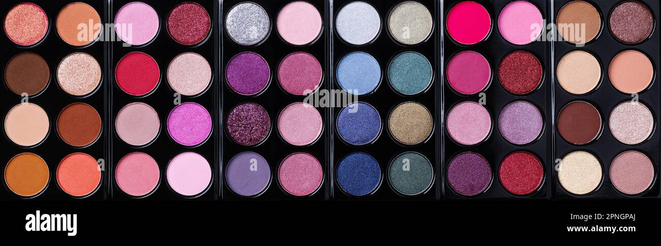 Multi-colored eye shadow palette top view. Abstract background of eye ...