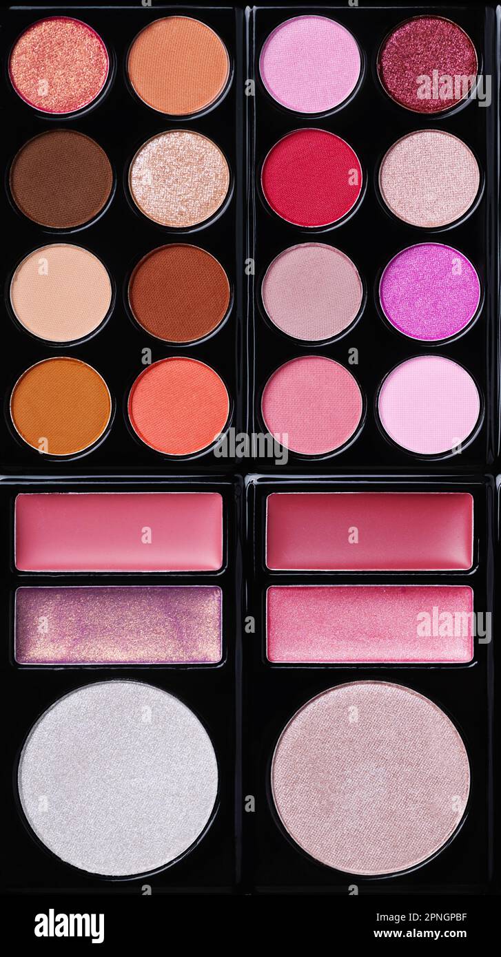 Multi-colored eye shadow palette top view. Abstract background of eye ...