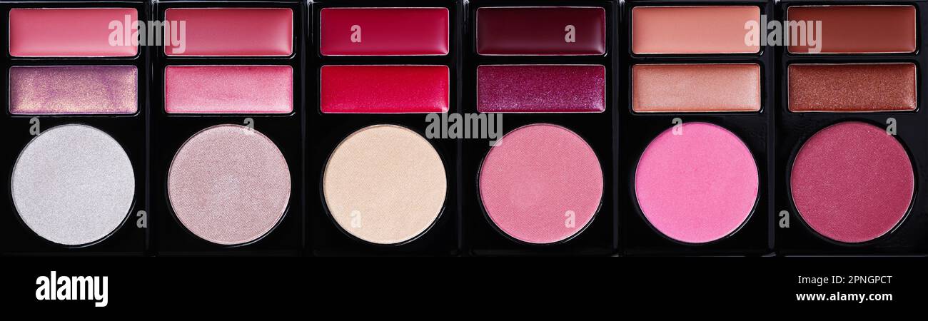 Multi-colored eye shadow palette top view. Abstract background of eye ...