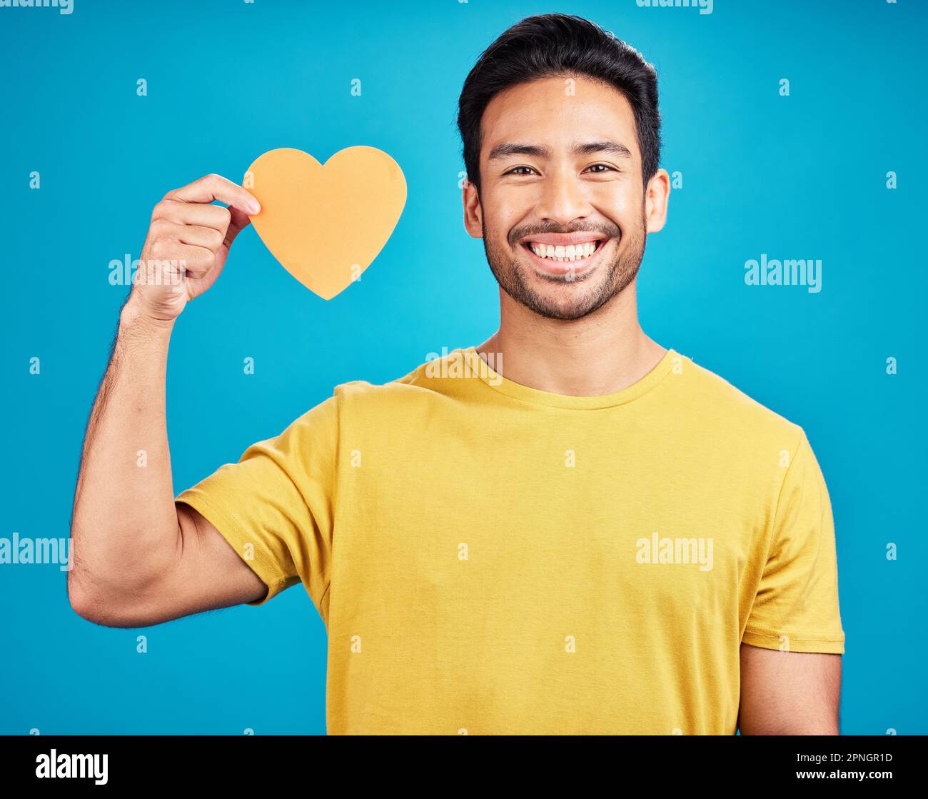 Portrait, cutout heart and Asian man with smile, support and loving ...