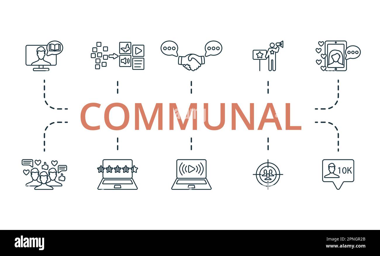 Communal outline set. Creative icons: story telling, content curation ...