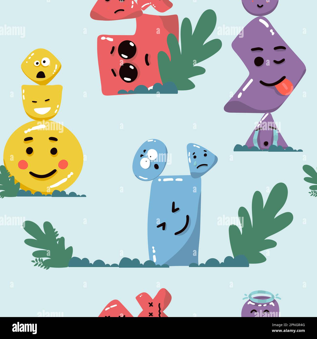 Cute seamless pattern with emoji and abstract geometric shapes in ...