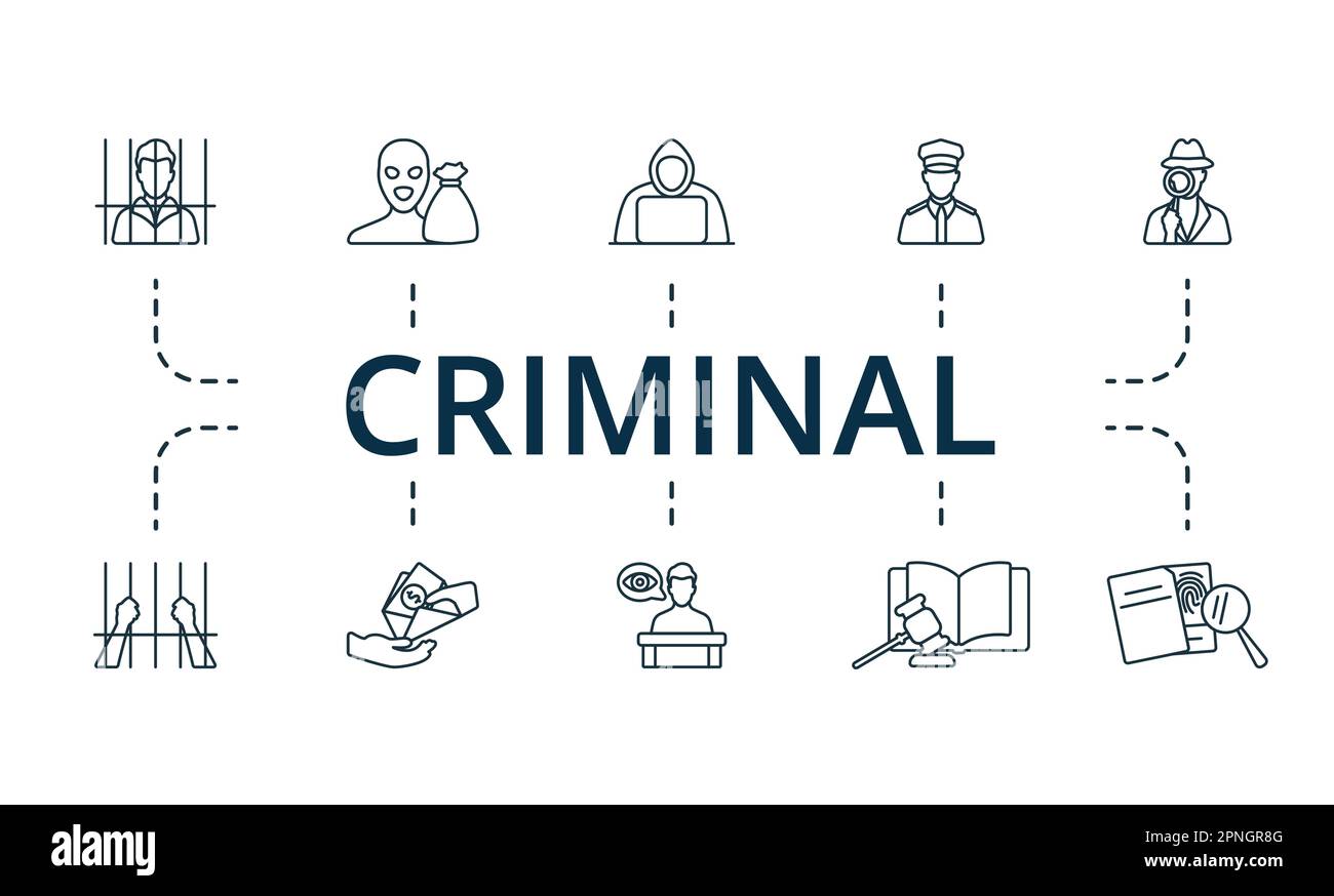 Criminal outline set. Creative icons: prisoner, thief, hacker, police officer, detective, jail ...