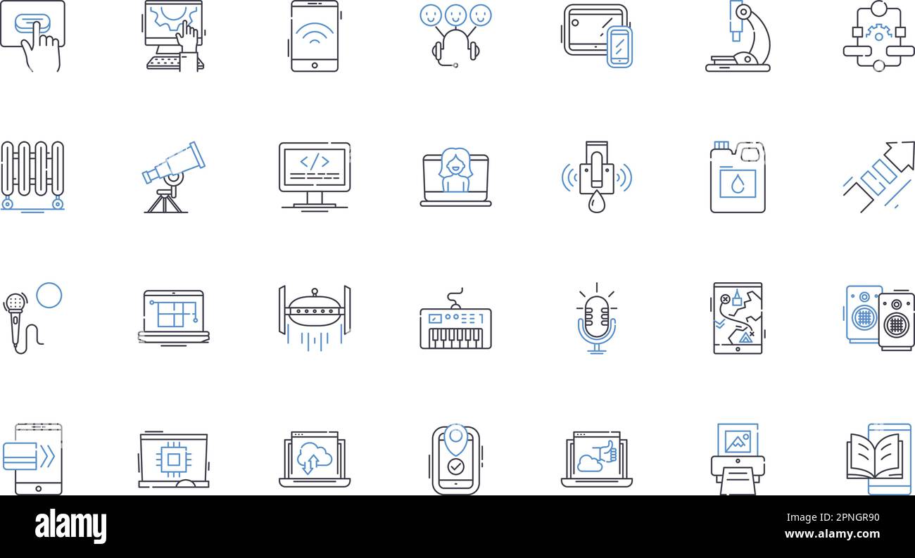 Implements and gear line icons collection. Axe, Chainsaw, Shovel ...