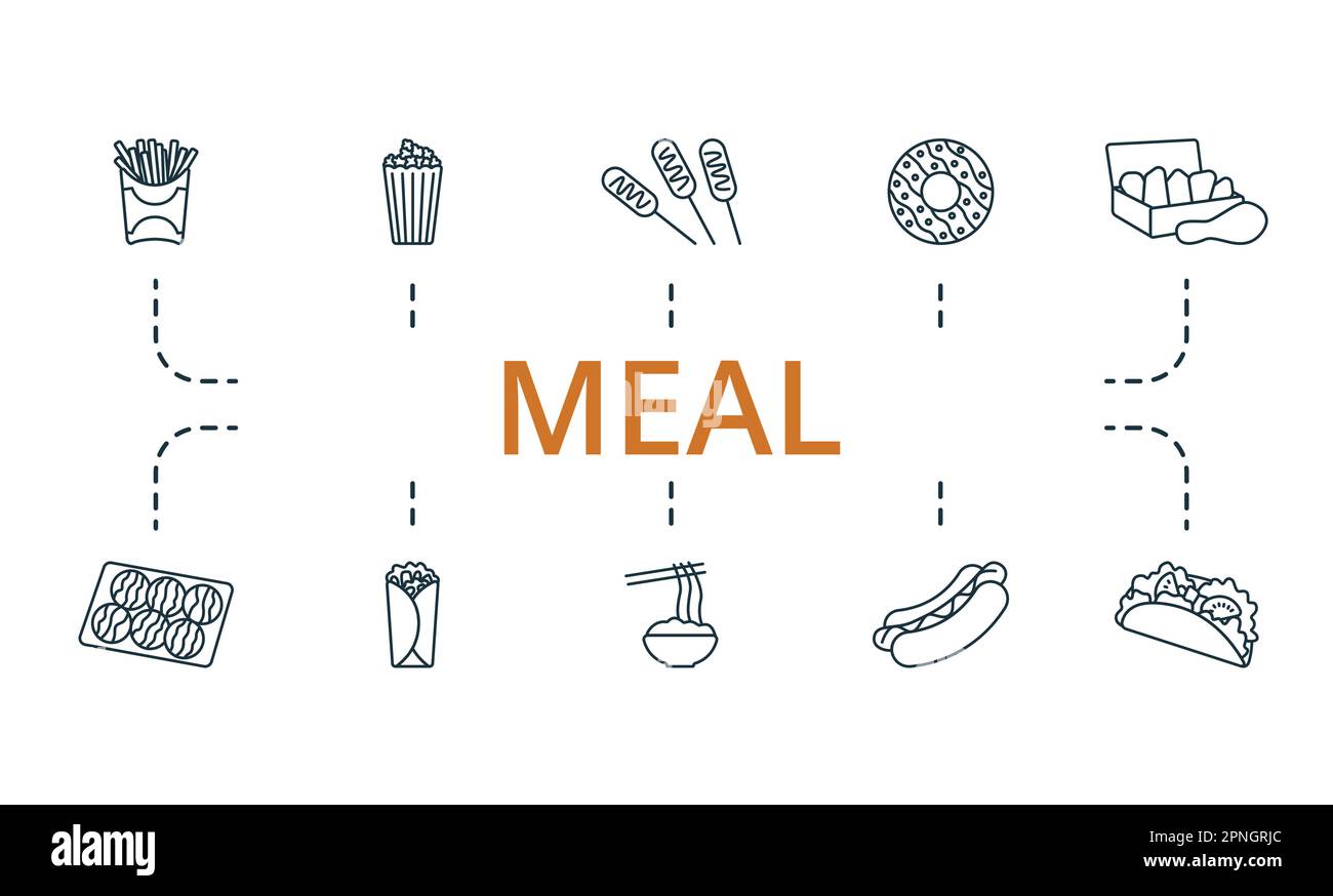 Meal outline set. Creative icons: french fries, popcorn, corndog, donut ...