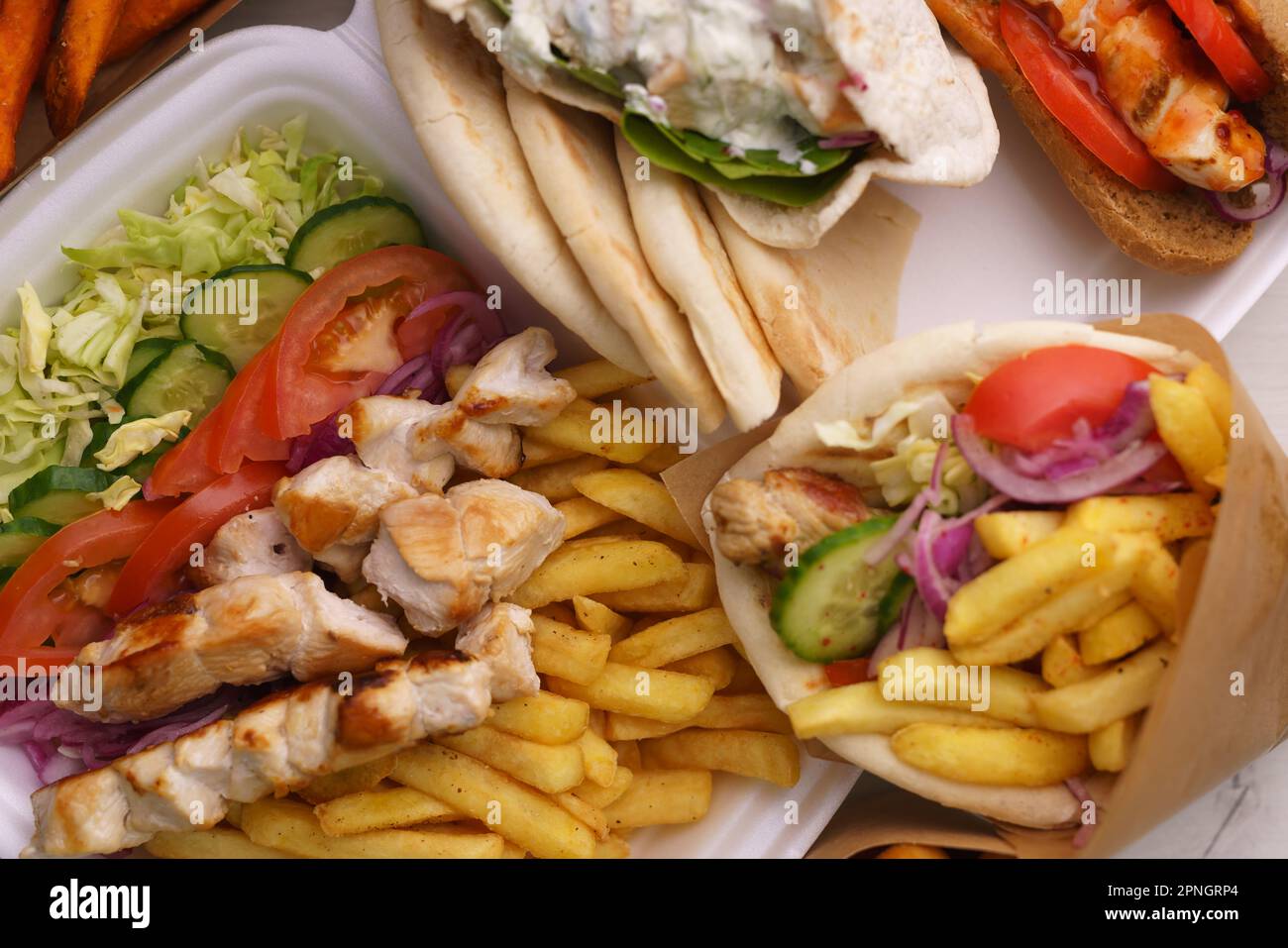Large Greek lunch served for company a in fast food restaurant ...