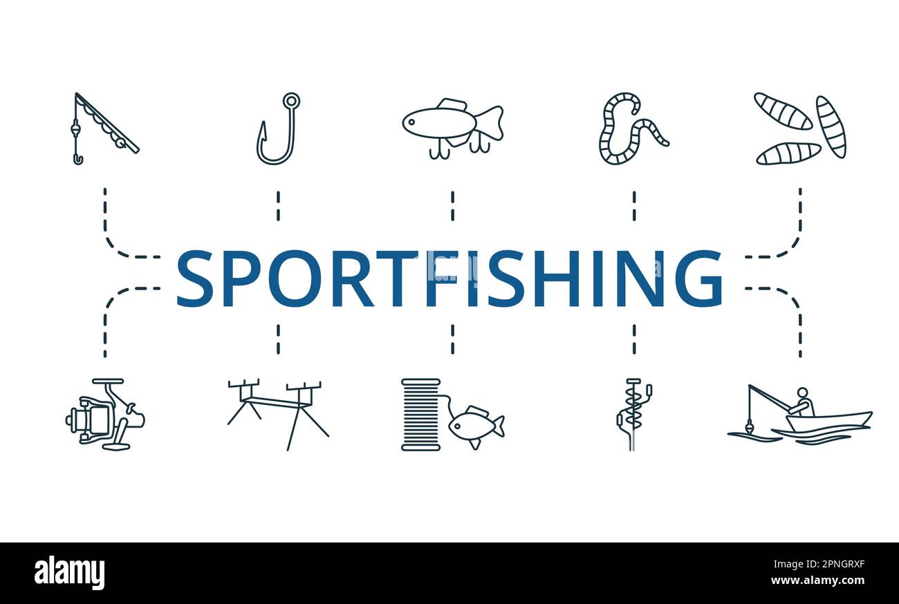 Sportfishing outline set. Creative icons: fishing rod, fishing hook ... Sportfishing outline set. Creative icons: fishing rod, fishing hook ...