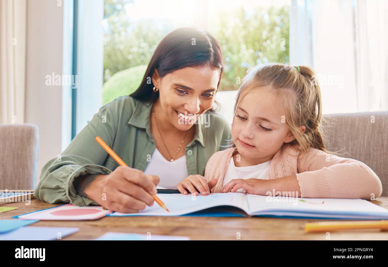 Writing, helping and happy mother with girl for home education ...