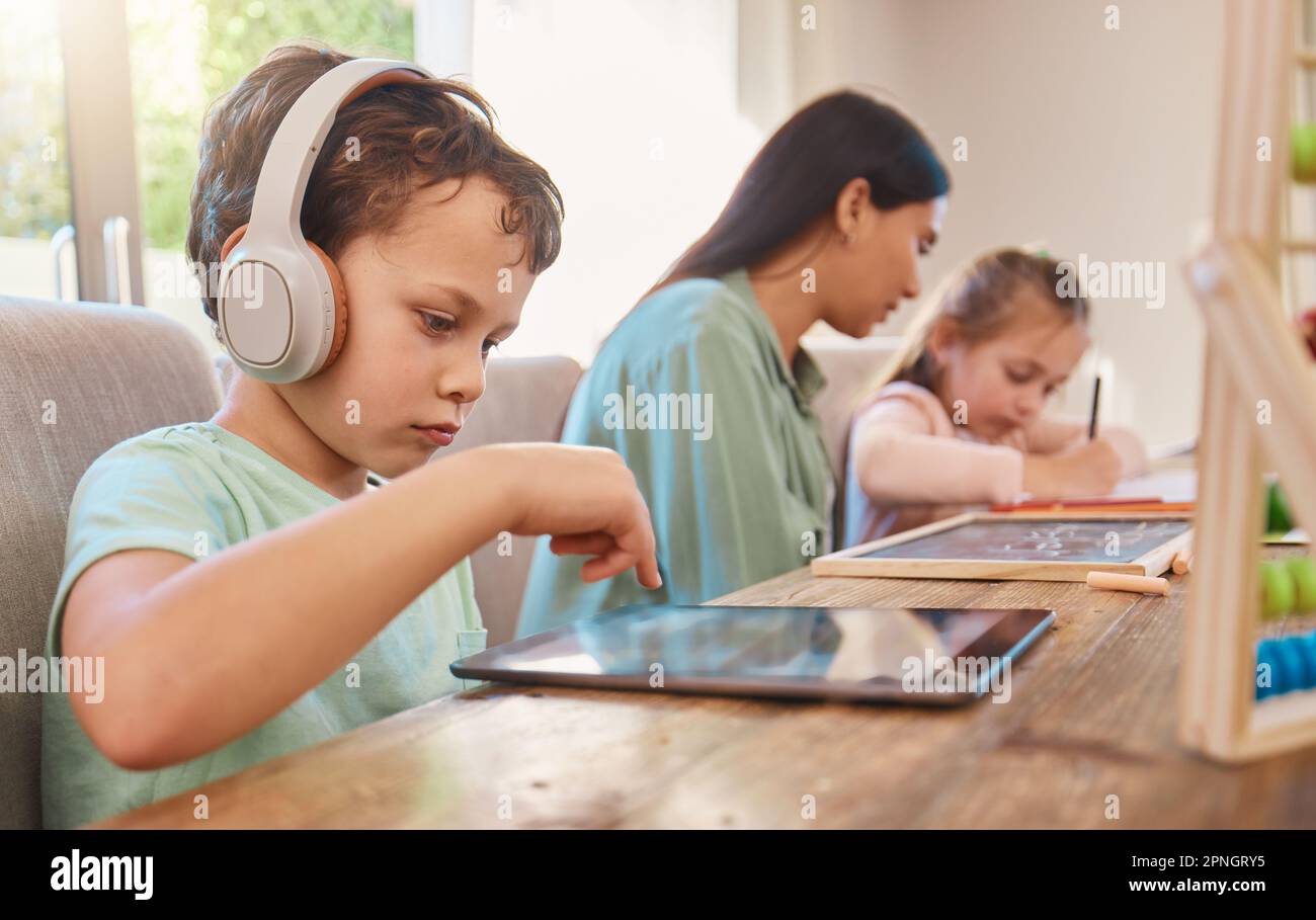 Elearning, home school and child with tablet, headphones and online ...