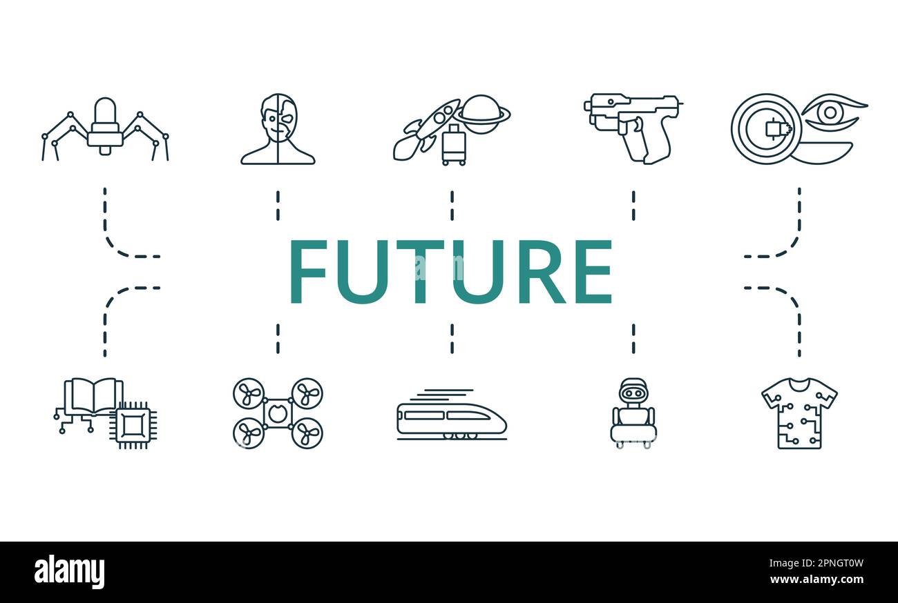 Future outline set. Creative icons: nanobot, cyborg, space tourism, hi ...