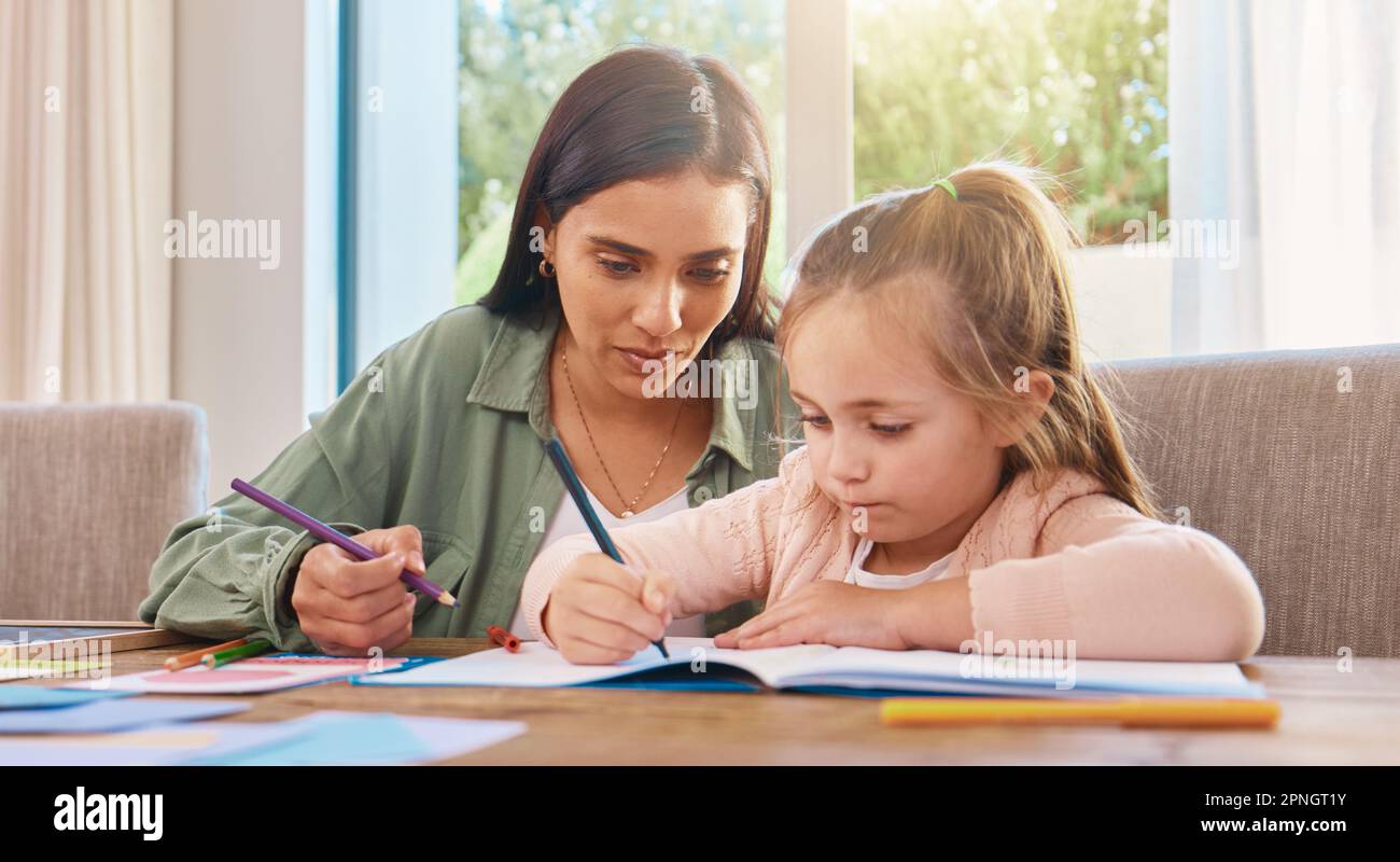 Education, mother and girl with homework, writing and lesson at home ...