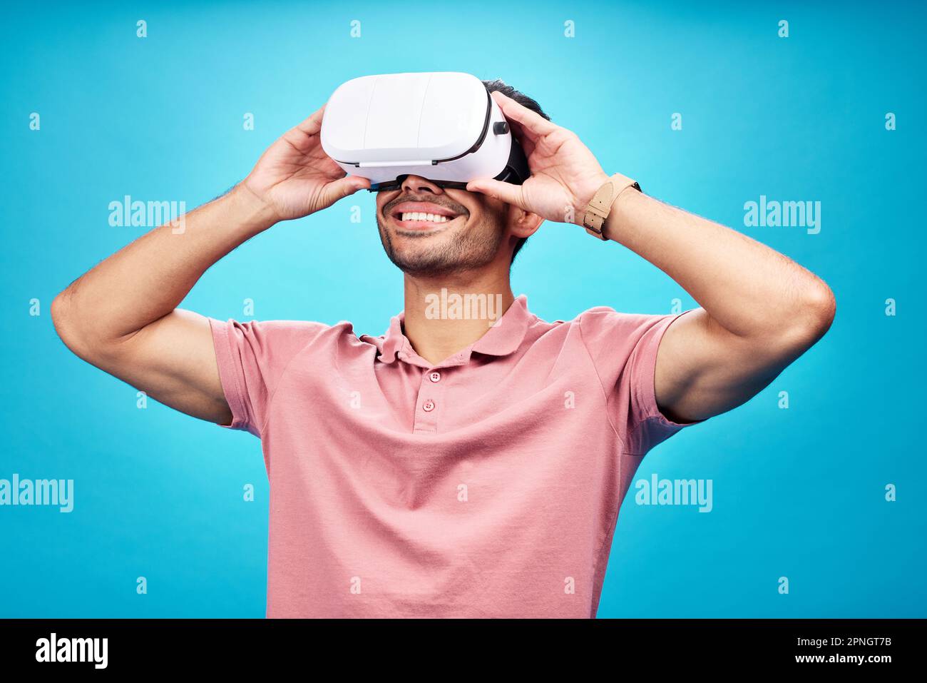 Man with smile, virtual reality and metaverse with futuristic tech, UX ...