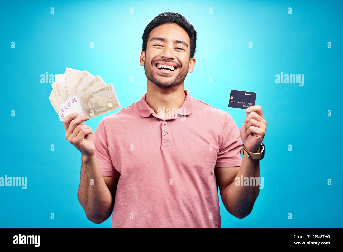 Money, portrait and credit card by happy man in studio with savings ...