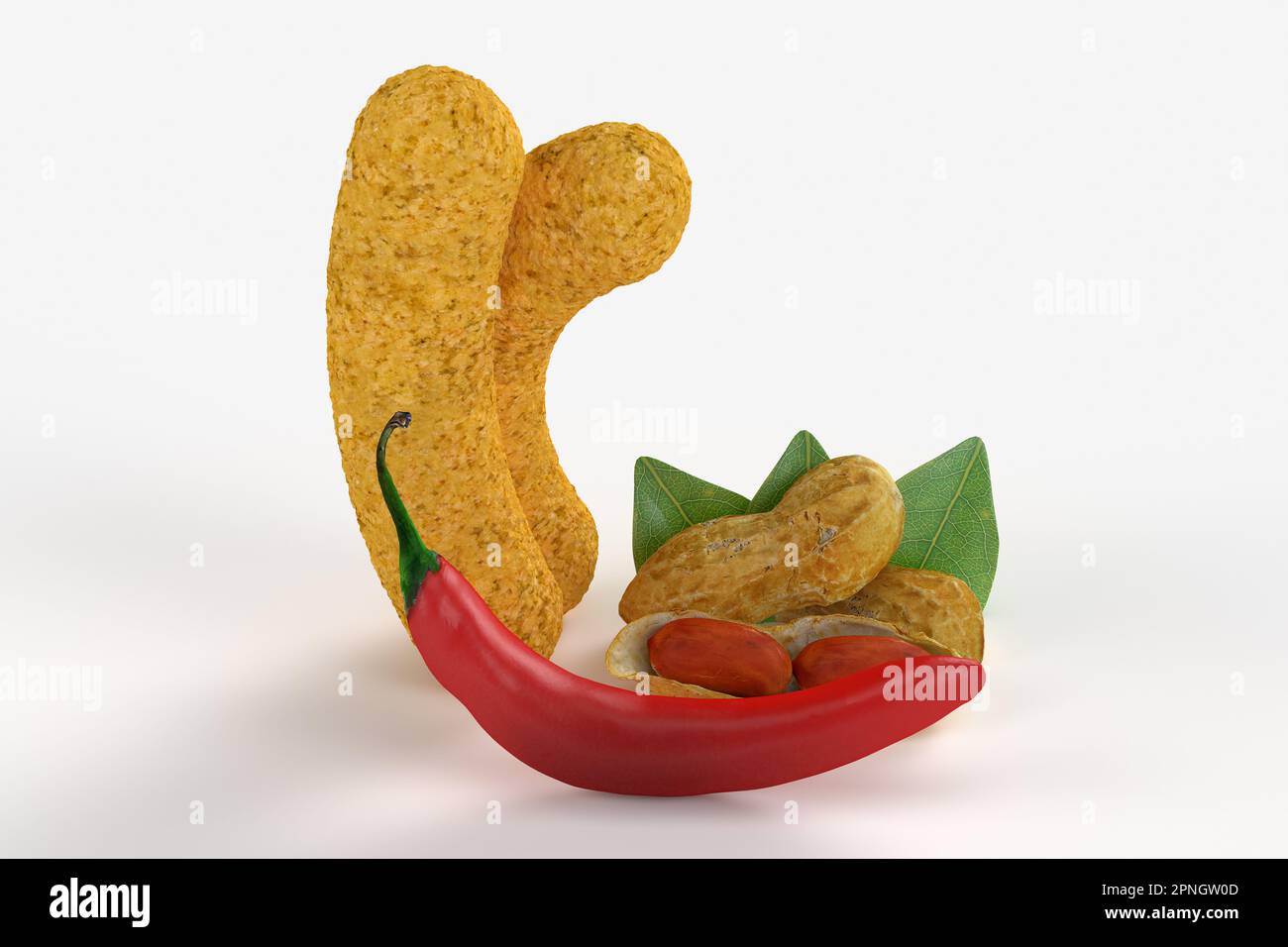 3d rendering - Peanuts, flips, puffs,snack and hot red chili pepper ...