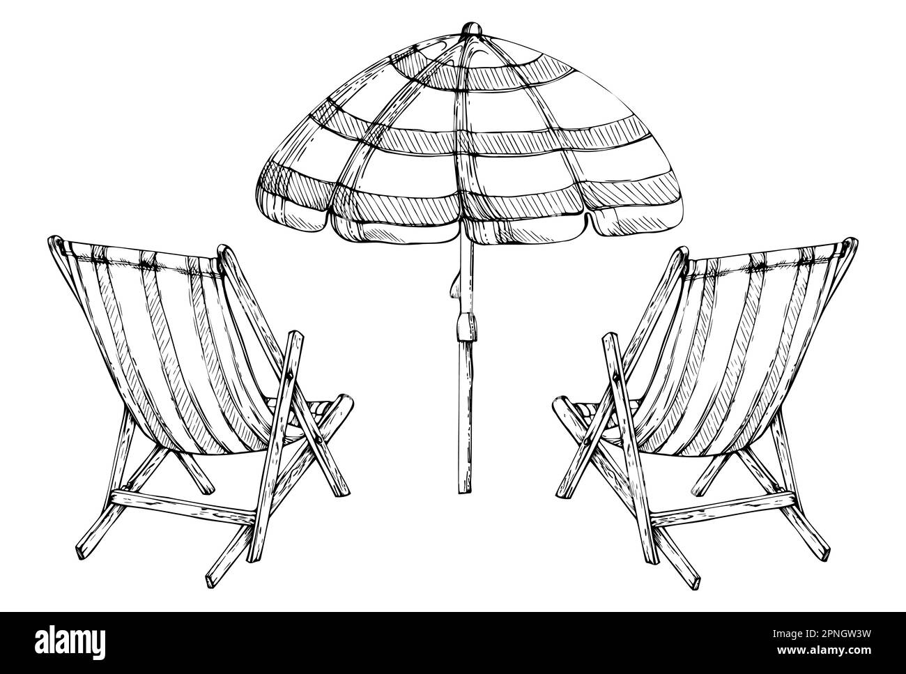 Hand Drawn Vector Ink Composition Striped Beach Accessories Umbrellas
