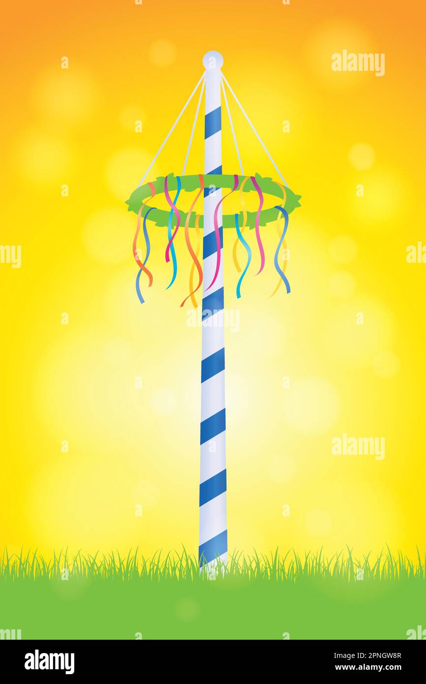 maypole with colorful ribbons on sunny sky background Stock Vector ...