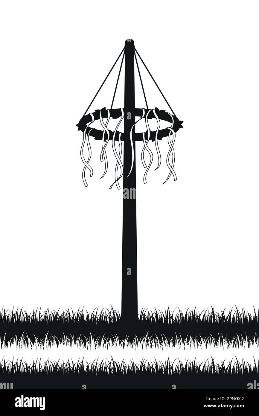 maypole with ribbons on meadow silhouette on white Stock Vector Image ...