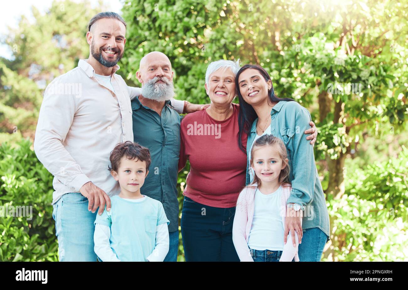 Family is outdoor, smile in portrait with generations, happiness with ...