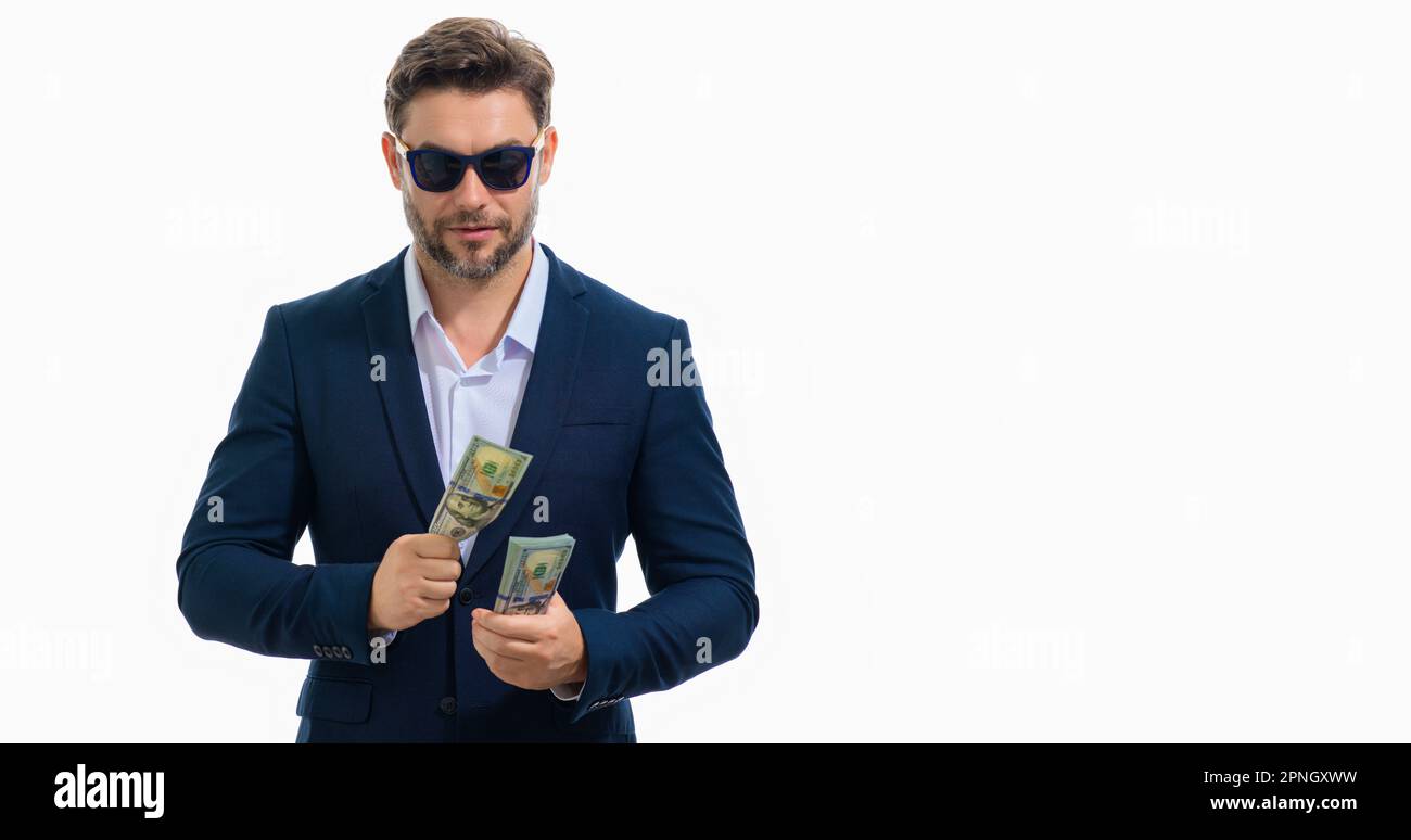 Business man in t-shirt with cash money dollars banknotes isolated on ...