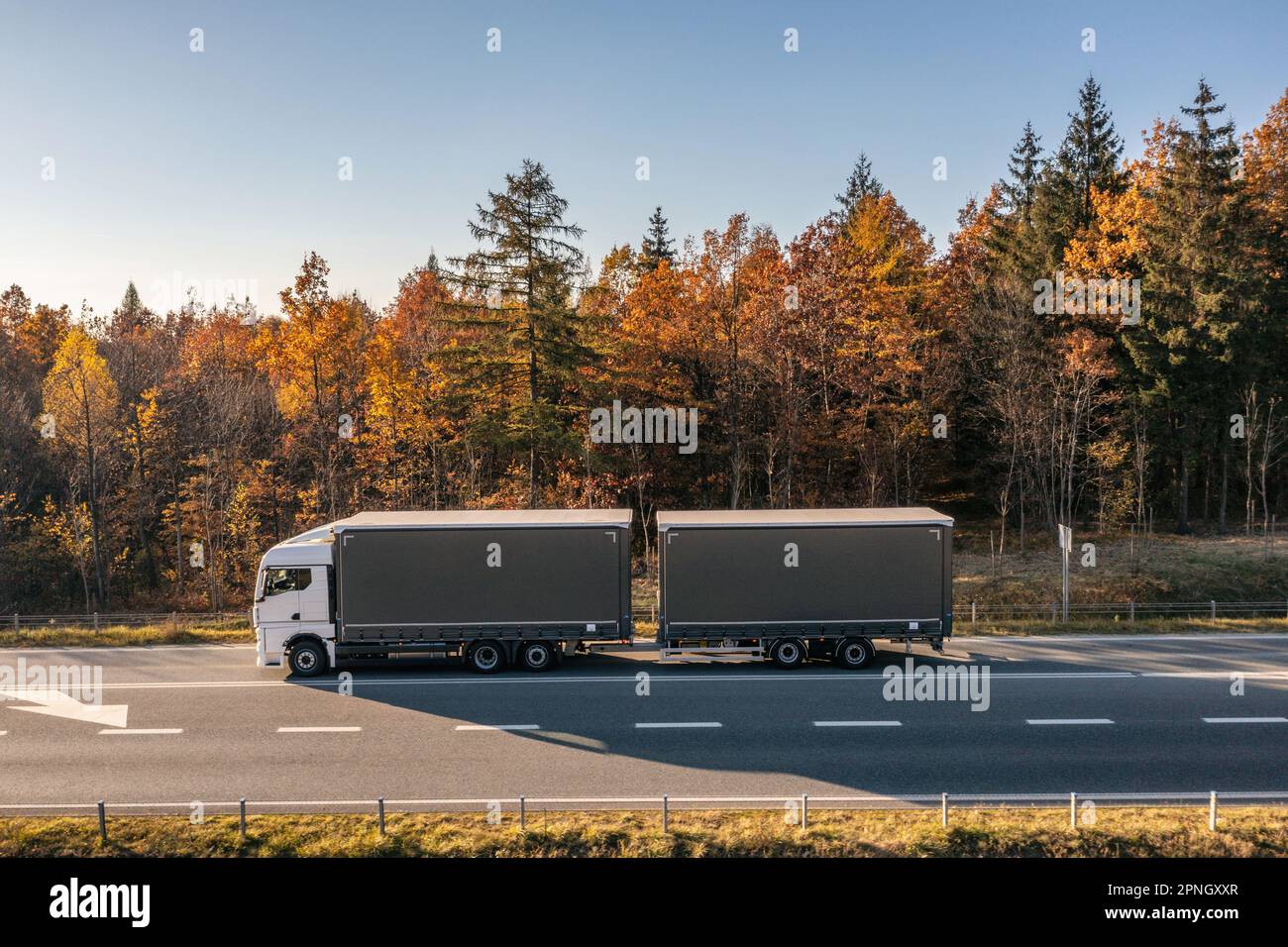 Truck is driving through the forest in autumn. Truck with semi-trailer ...