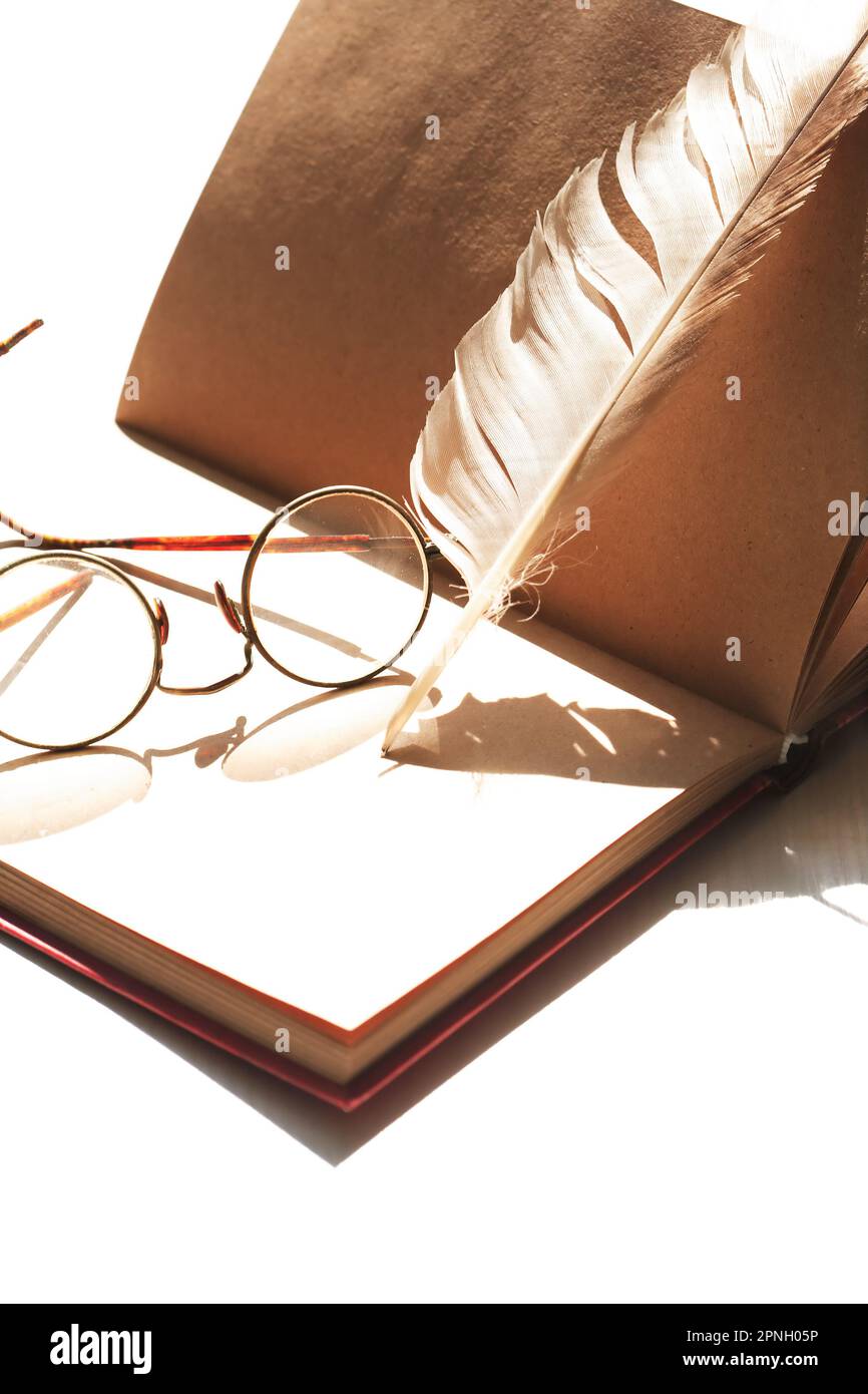 Still life with open book and quill pen under sun light Stock Photo - Alamy