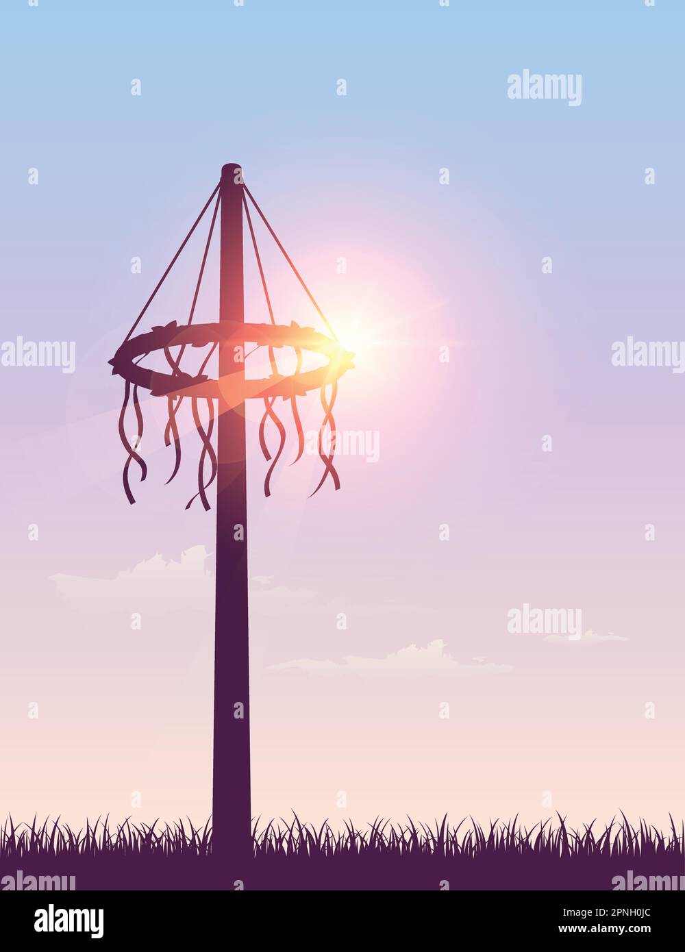 maypole with ribbons on meadow silhouette on sunny background Stock ...