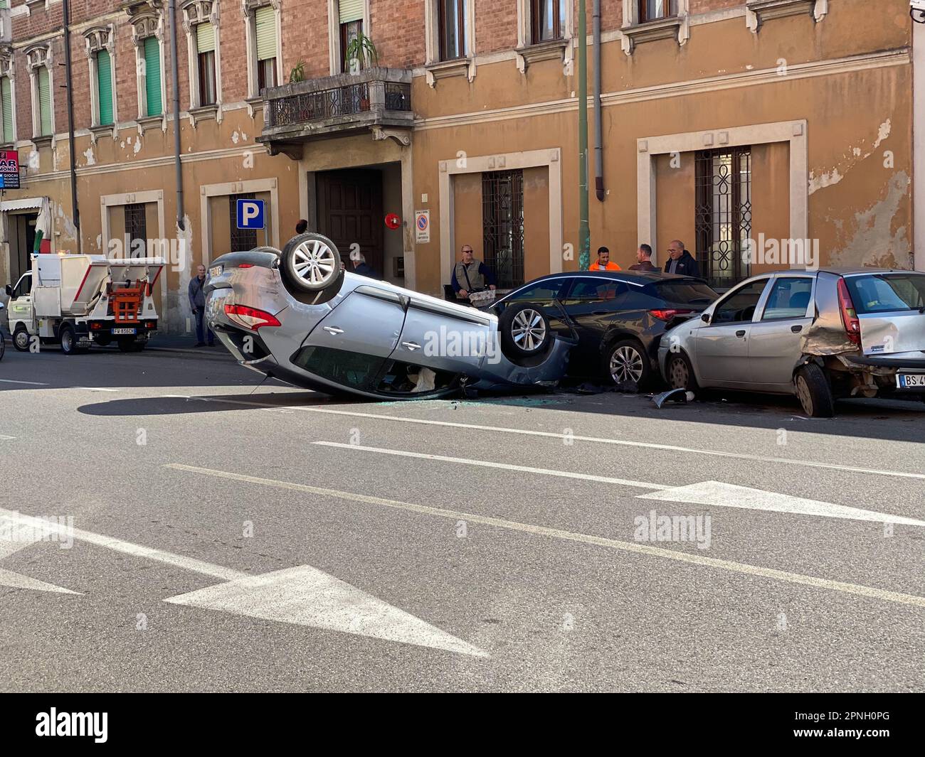 Cremona, Italy - 18th April 2023 just rolled over crashed car after an ...