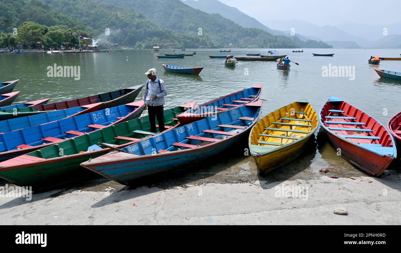 Colorful traditional boats on the shore of lake Phewa, Nepal, that are ...