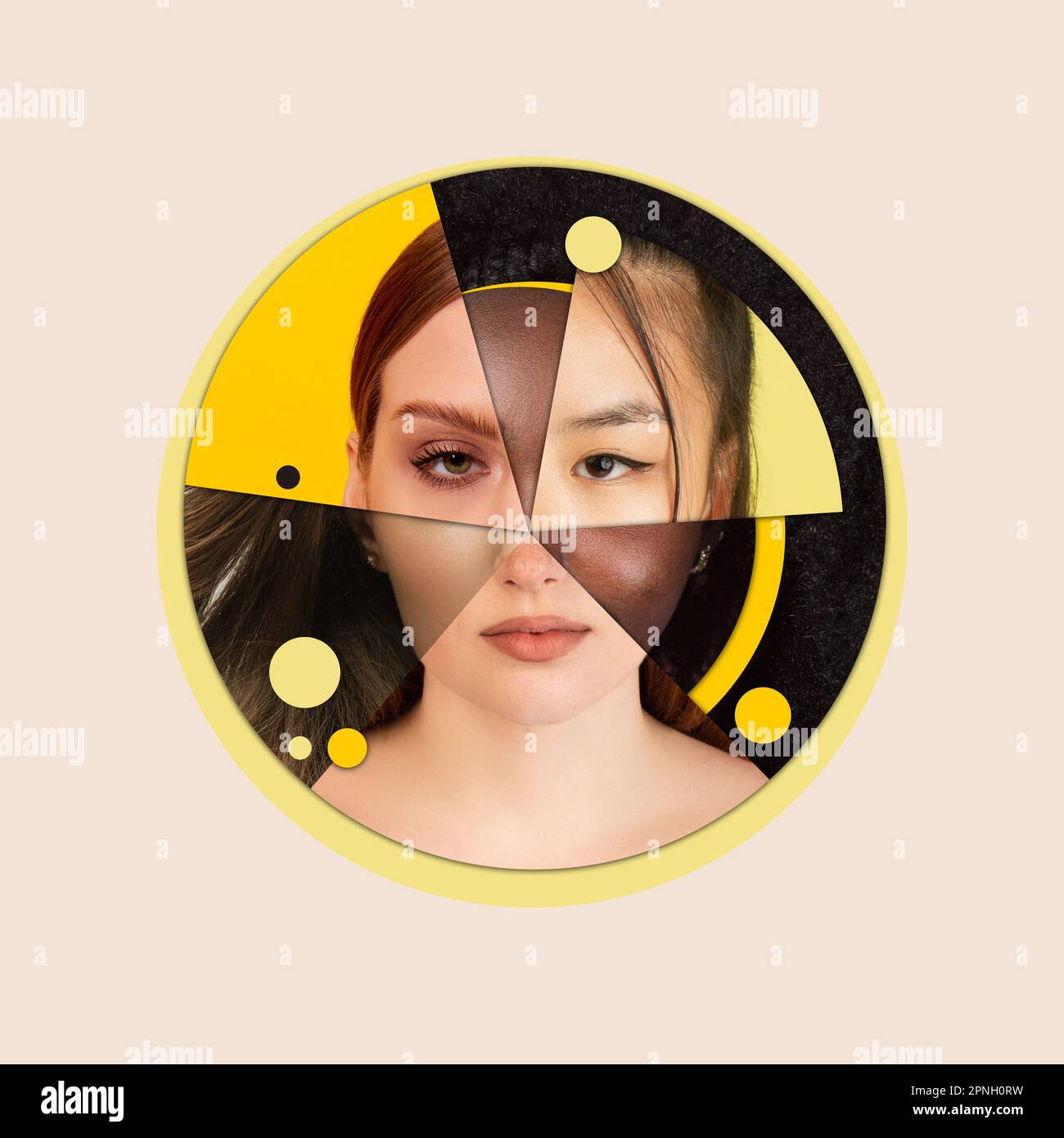 Round shape of women's faces of different race, color, age, nationality ...